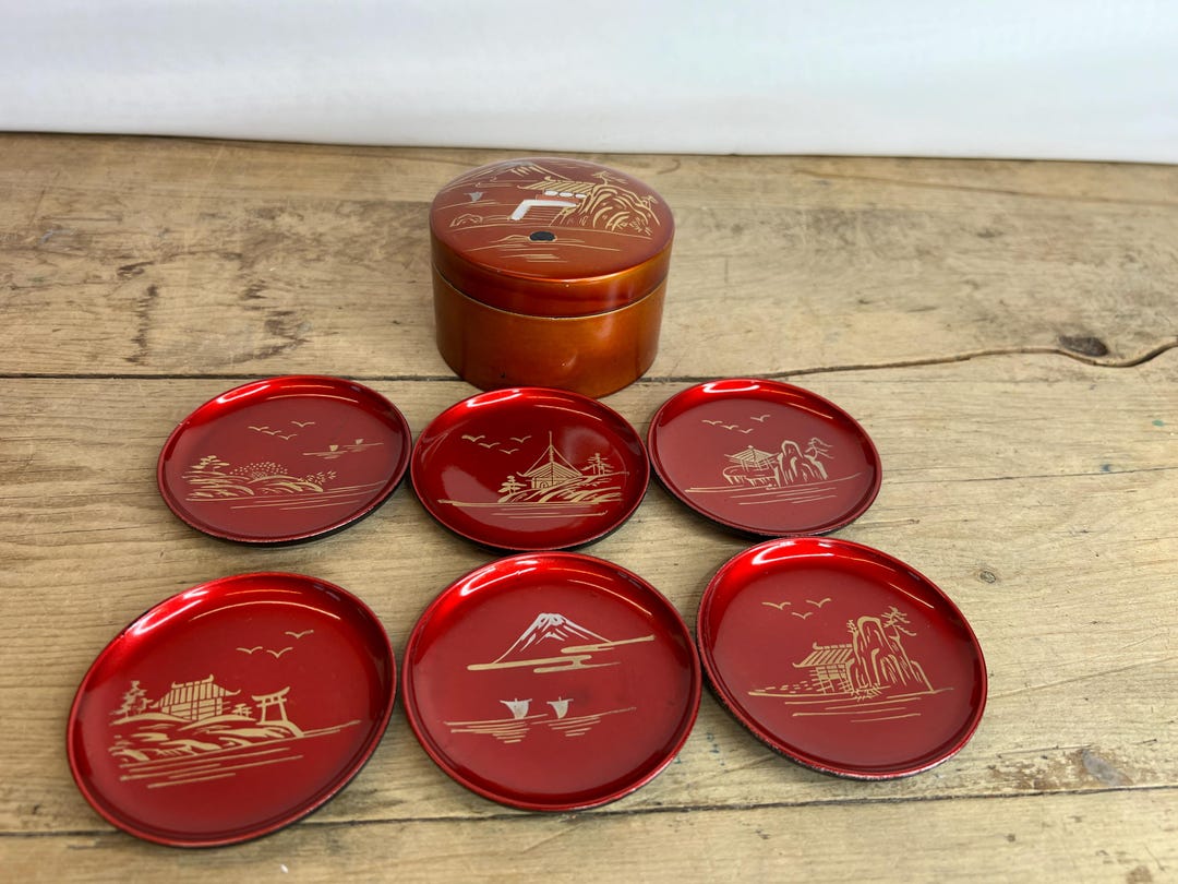 Vintage Set of 6 Red Decorative Coasters. Container Set & Good ...