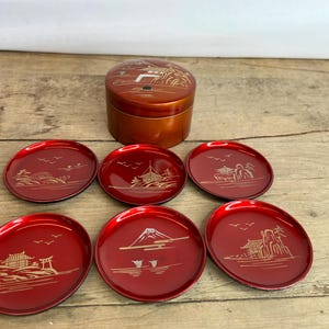 Vintage Set of 6 Red Decorative Coasters. Container Set & Good ...