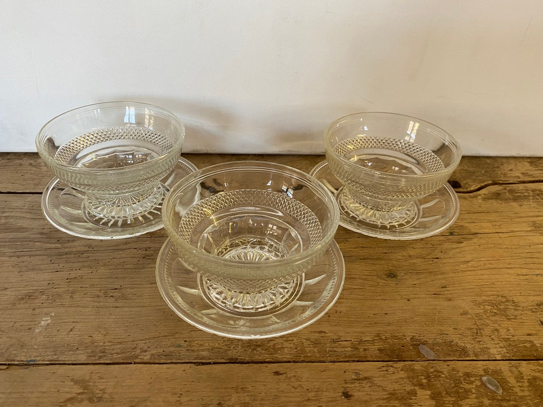 Vintage Set of 3 Clear Glass Sundae Glasses and Saucers With Cut Glass ...