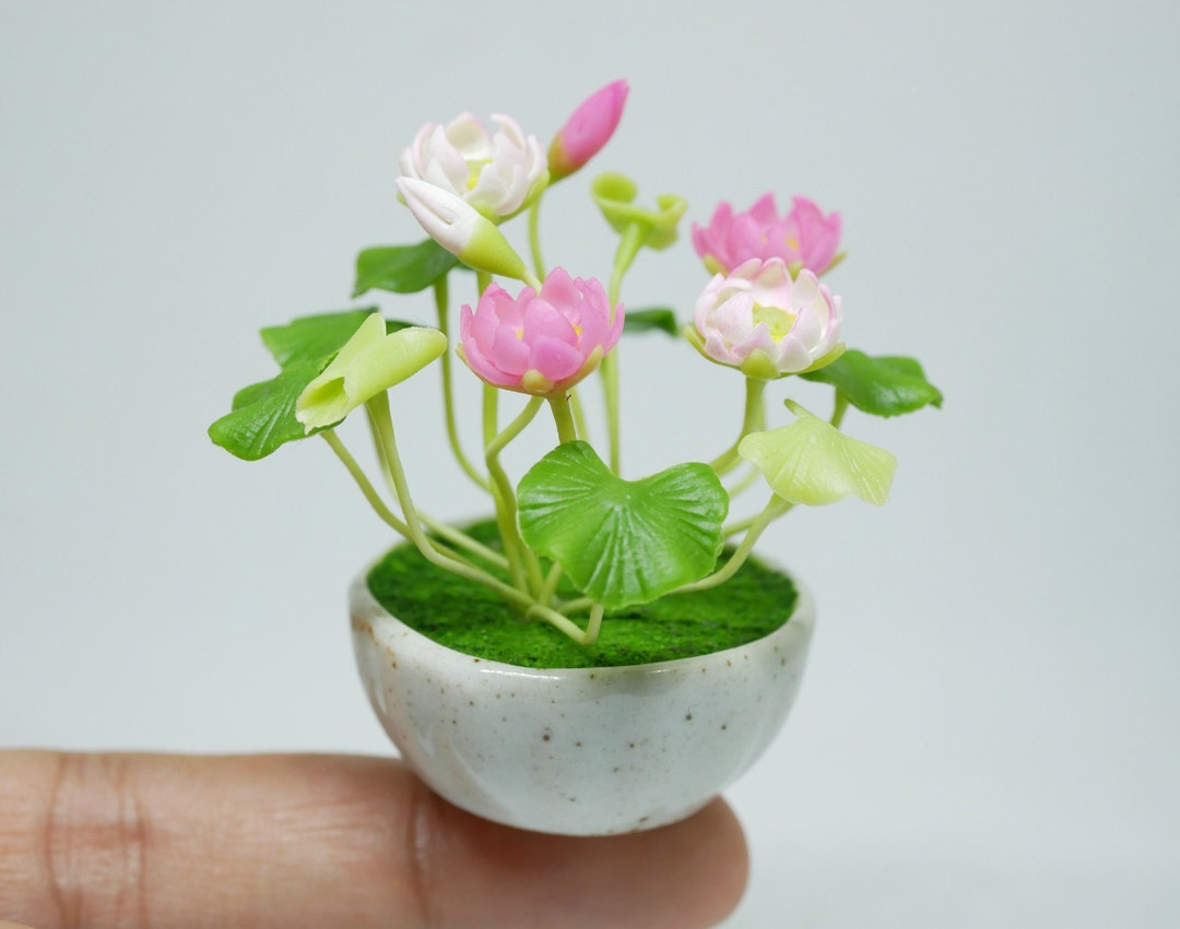 Miniature Lotus Flower Clay Mix Color in Pot Dollhouse Handmade ...