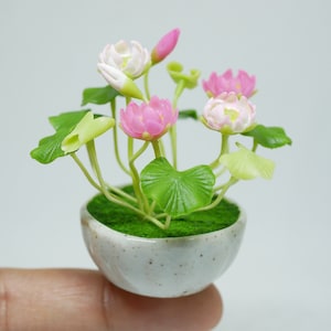 Miniature Lotus Flower Clay Mix Color in Pot Dollhouse Handmade ...
