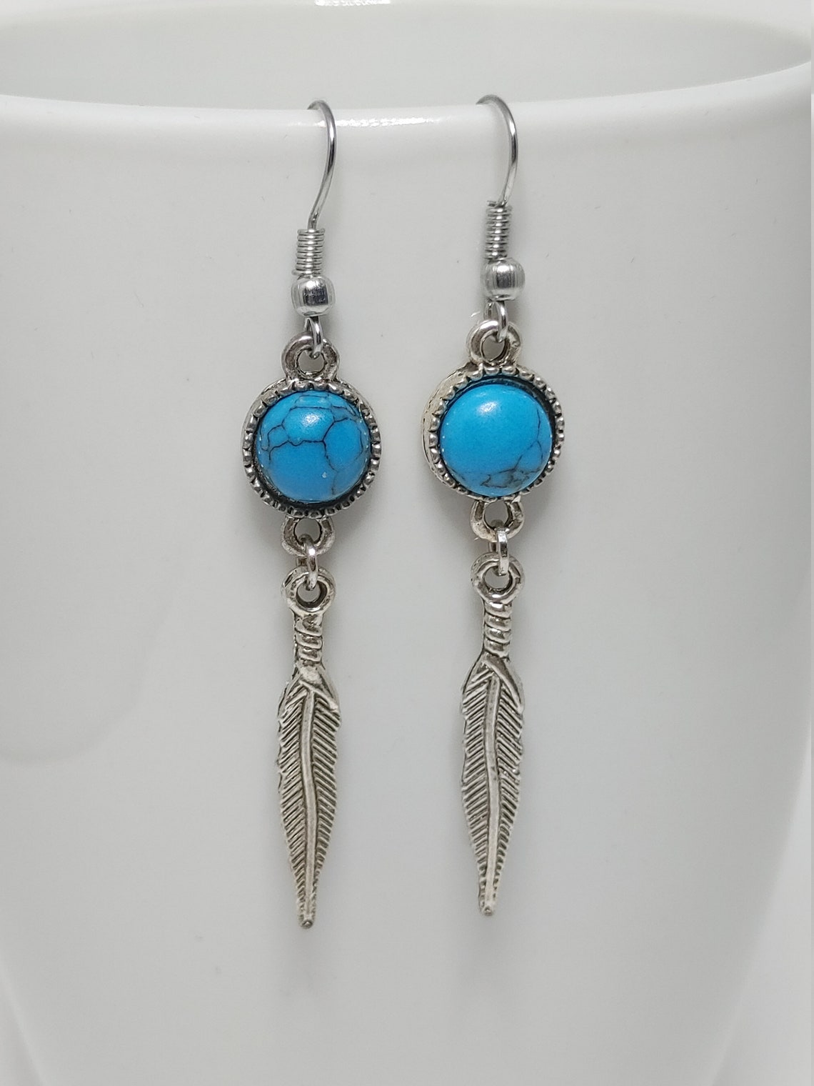 Turquoise With Silver Feather Accents - Etsy