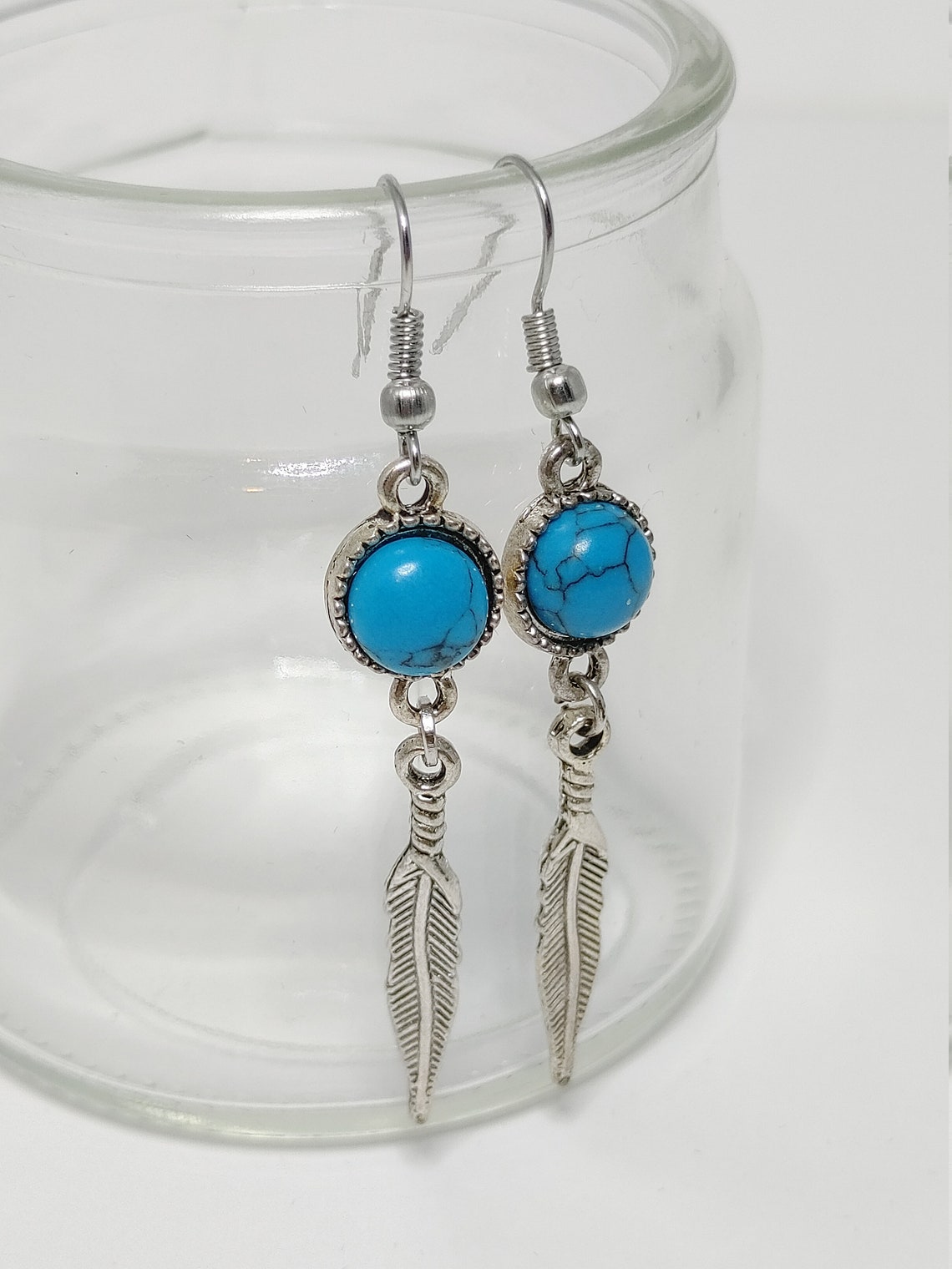 Turquoise With Silver Feather Accents - Etsy
