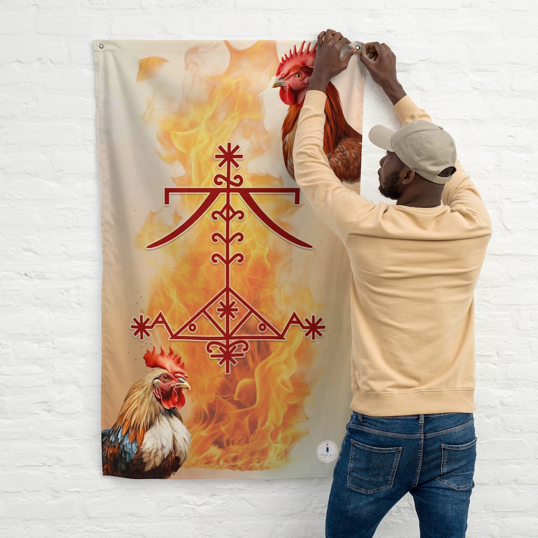 Vèvè OGOU FERAY With Roosters Ceremony Flag | Ogou Feraille Drapo ...