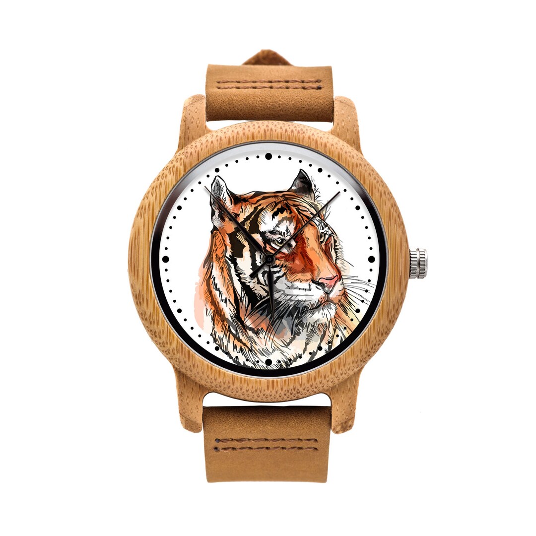 Wooden Watch With Brown Strap TIGER Wristwatch, Customized, Anniversary ...