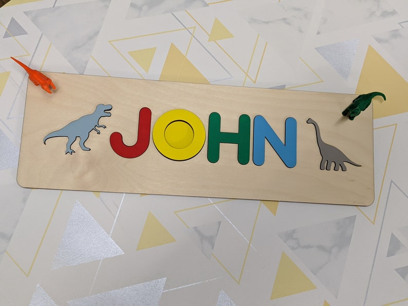 Dinosaur Personalised Name Puzzle with Raised Lettering Wood | Etsy