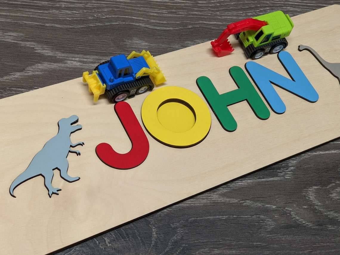 Dinosaur Personalised Name Puzzle with Raised Lettering Wood | Etsy