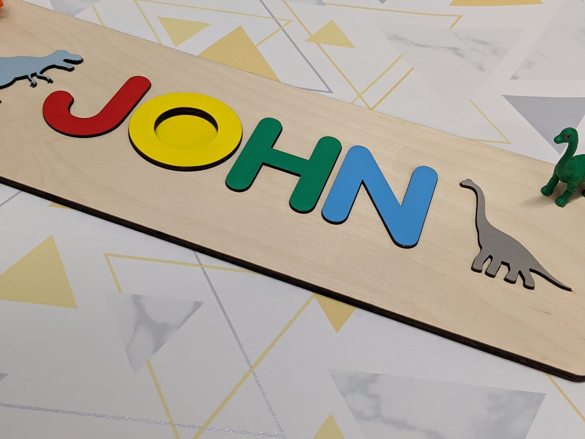 Dinosaur Personalised Name Puzzle with Raised Lettering Wood | Etsy