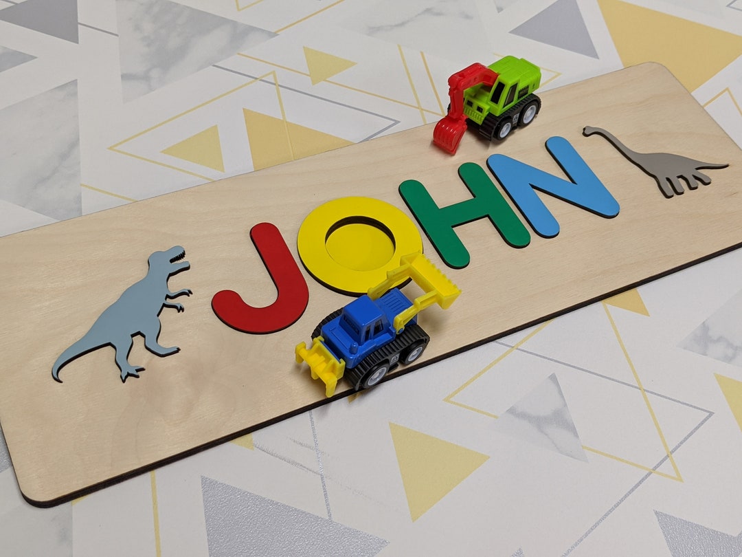Dinosaur Personalised Name Puzzle With Raised Lettering, Wood Baby Gift ...