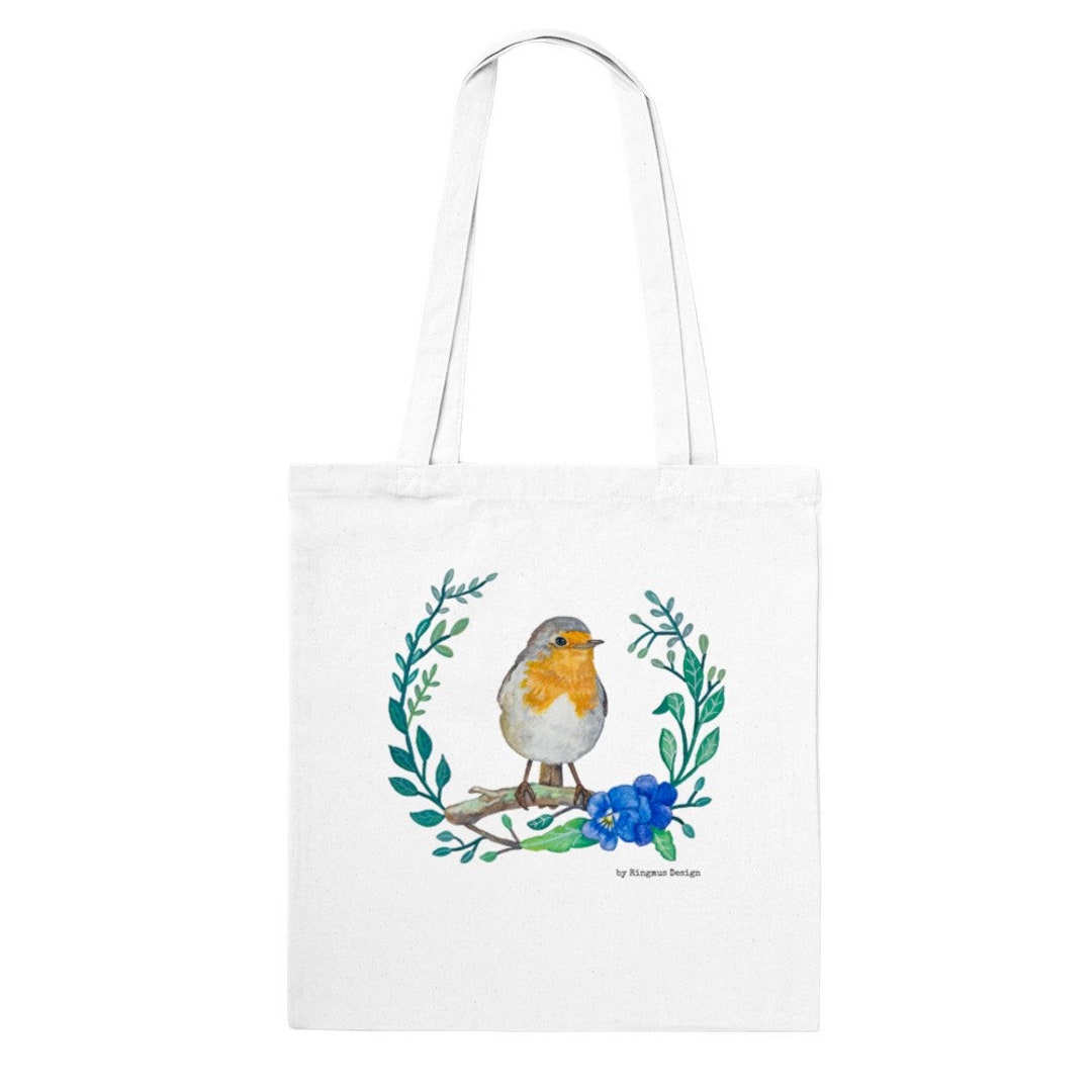 Robin Tote Bag, Illustrated Robin Shoulder Bag, Hand Drawn Bird Print ...