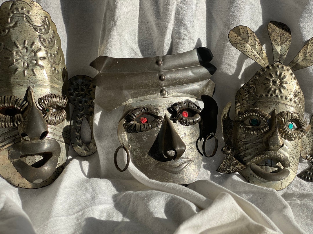 Vintage Mexican Folk Art Tin Metal Masks, Red, Blue & Green Eyes ...