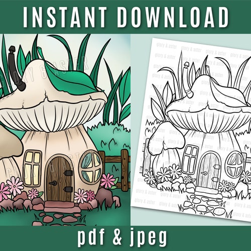 Mushroom Fairy House Digital Coloring Page - Etsy
