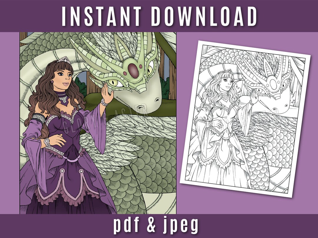 Dragon Princess Coloring Page Printable Adult Coloring Page Adult ...
