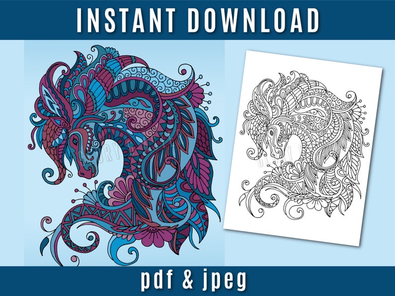 Zentangle Horse Coloring Page Printable Adult Coloring Page Instant ...