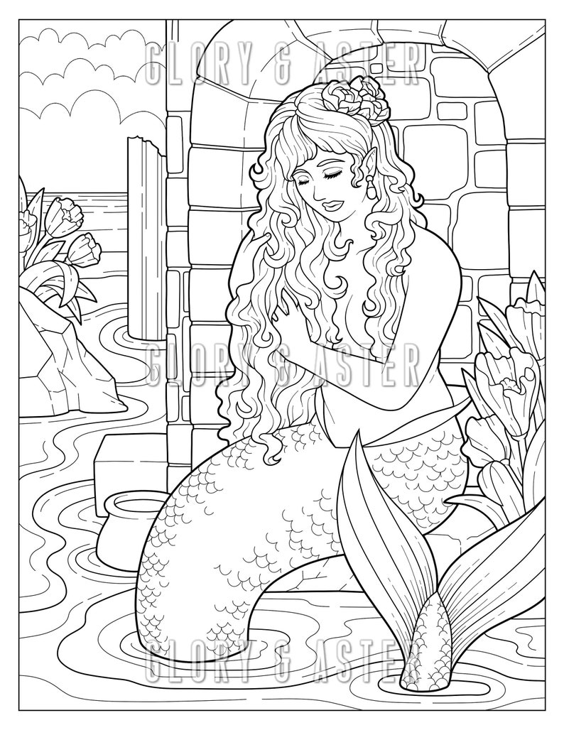 Mermaid Coloring Page, Printable Adult Coloring Page, Fantasy Coloring ...