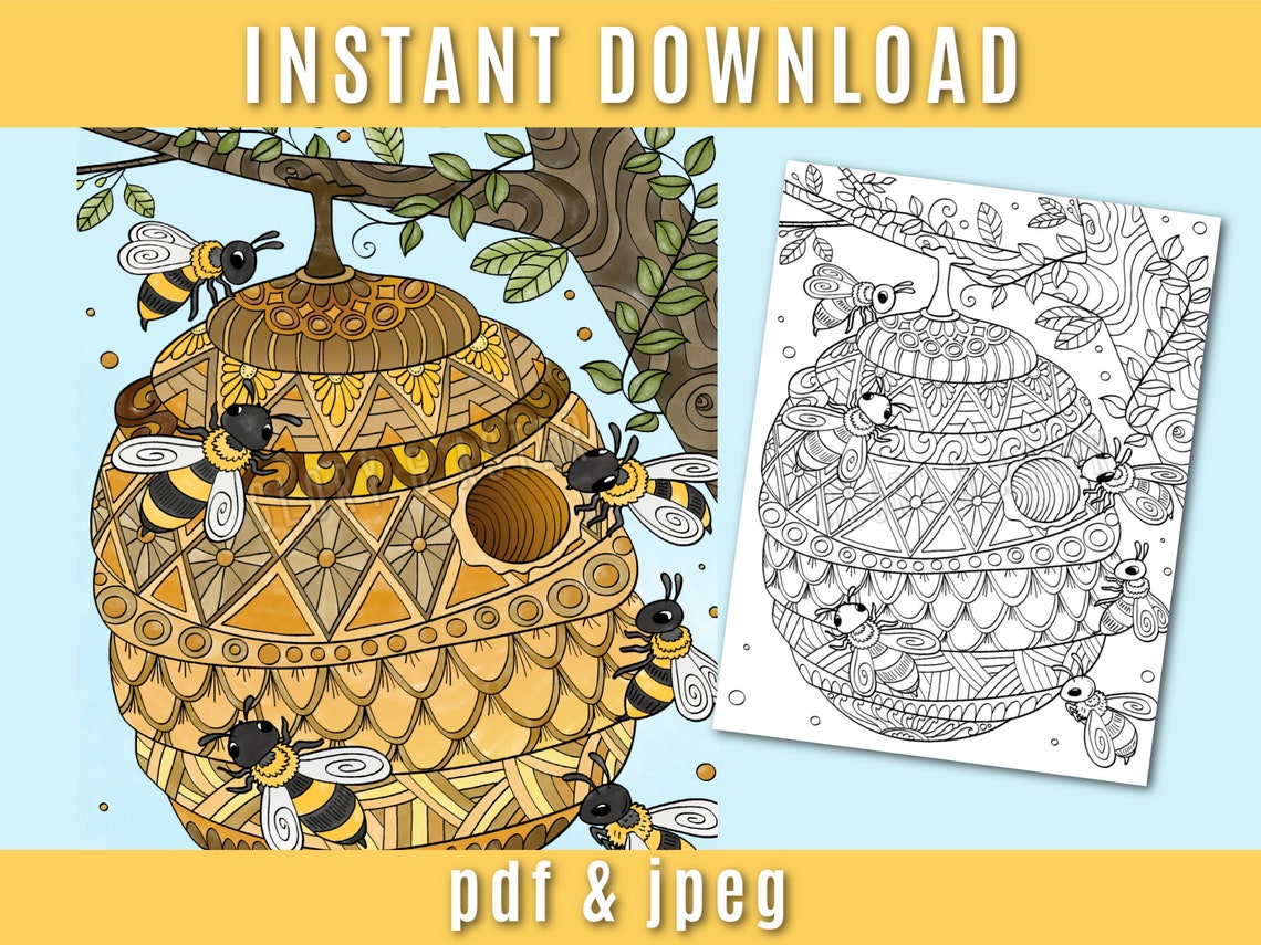 Bee Hive Coloring Page Printable Adult Coloring Page Instant Download ...