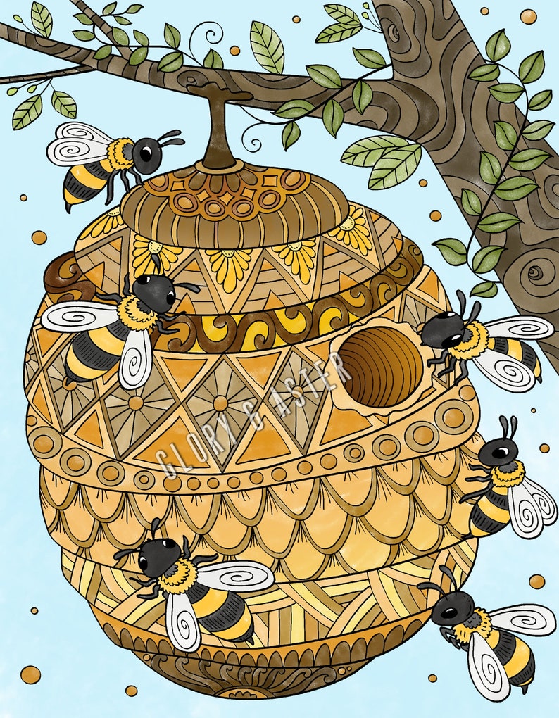 Bee Hive Coloring Page Printable Adult Coloring Page Instant Download ...