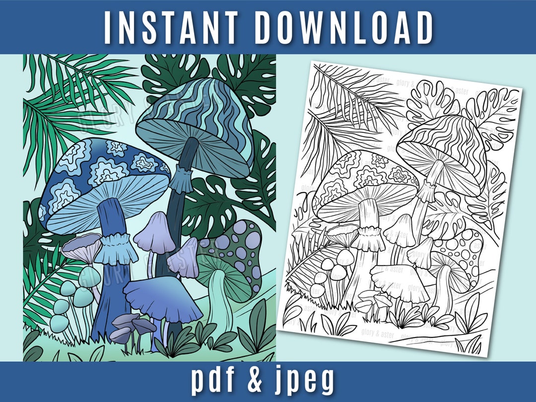 Mushroom Forest Coloring Page Printable Adult Coloring Page Instant ...