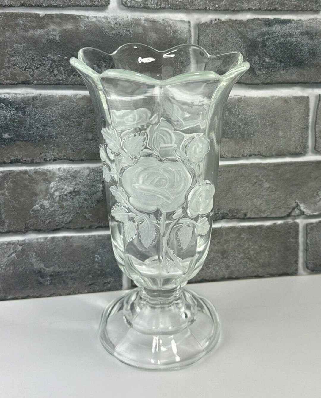 Vintage Clear Glass Vase Frosted Rose Bouquet Vase 302943-GB by Crystal ...