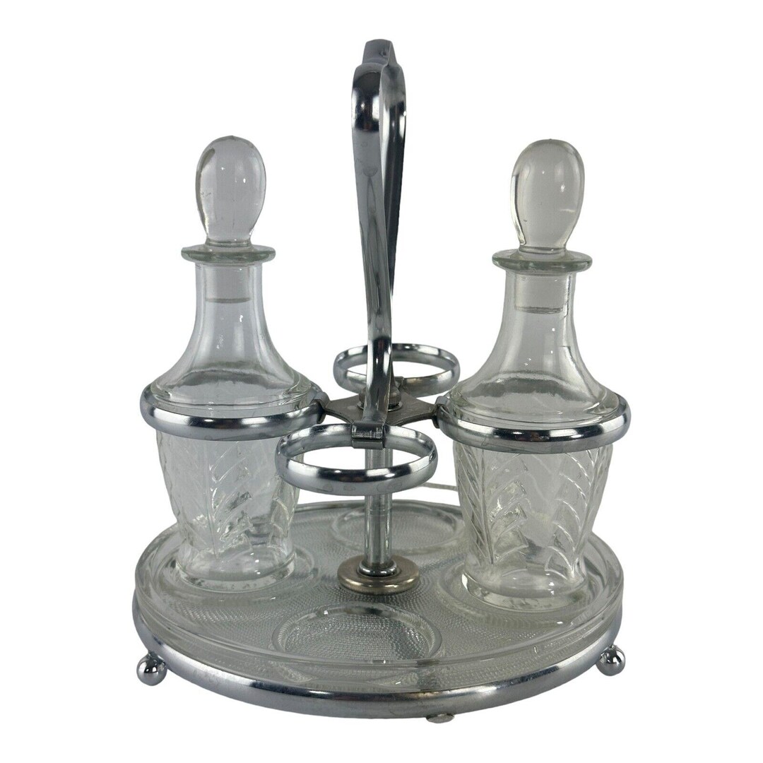 Vintage Glass and Chrome Cruets Caddy Condiment Set Jeannette Glass Co ...