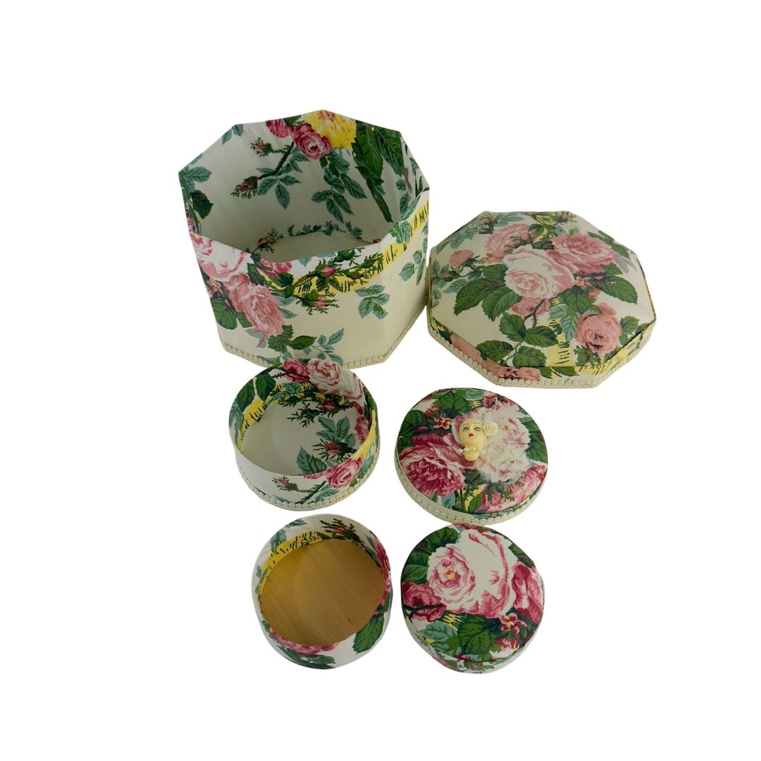 Vintage Handmade Nesting Box Set With Floral Fabric & Doll Face Lid ...