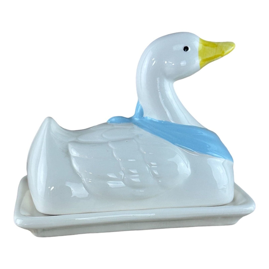 Vintage Ceramic White Goose Butter Saver Dish With Lid Blue Bandana ...