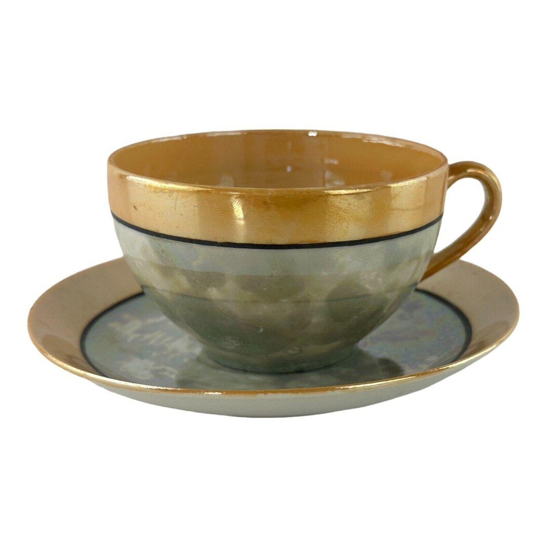 Vintage Japanese Lusterware, Tea Cup and Saucer Peach Gray Green and ...