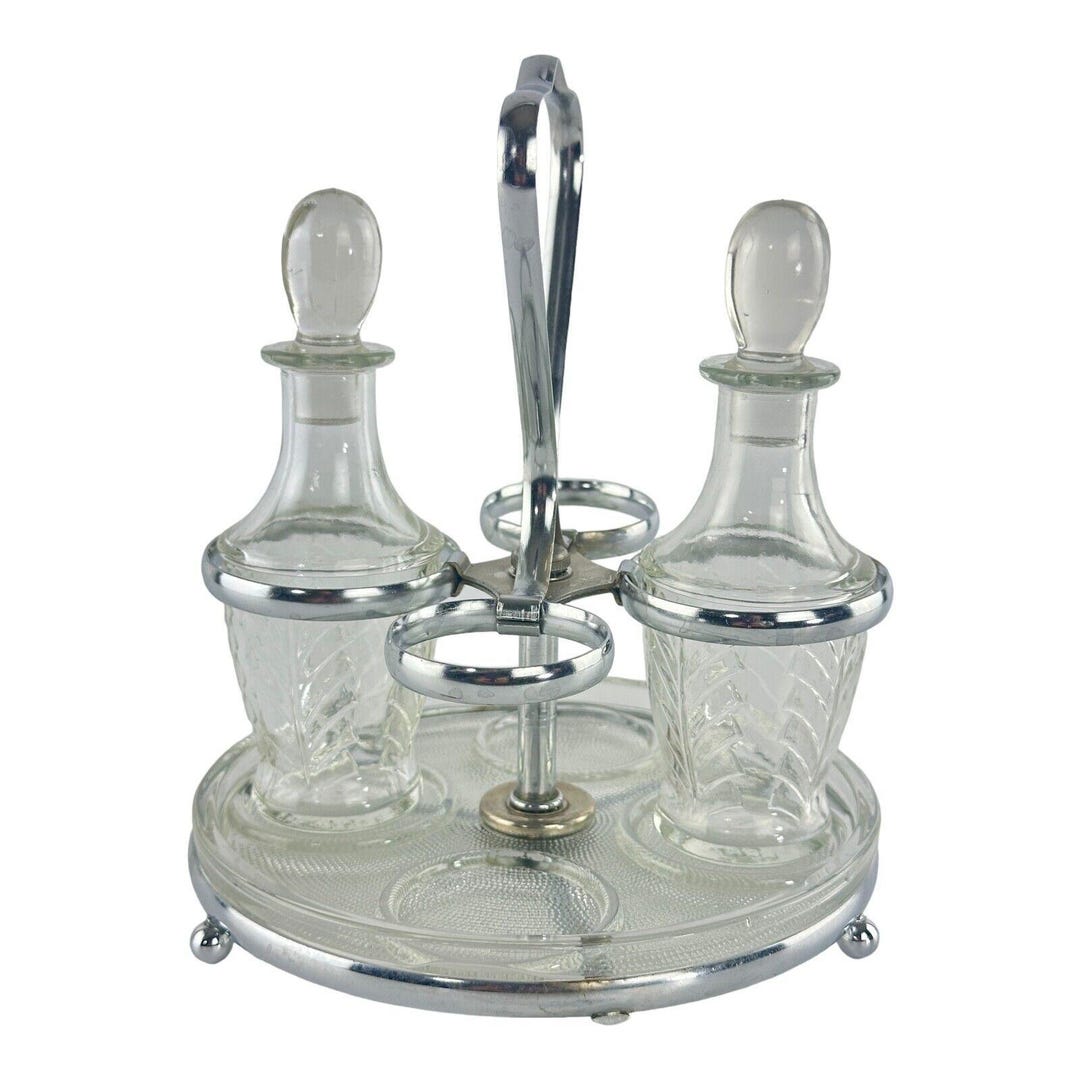 Vintage Glass & Chrome Cruet Caddy Set With Etched Design Mid-century ...