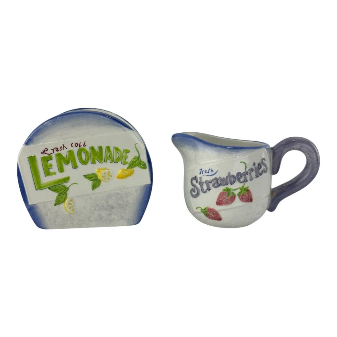 Strawberries and Lemonade Creamer and Napkin Holder Ceramic Decor Blue ...