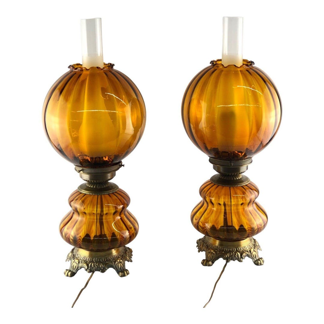 Vintage Amber Glass Hurricane Table Lamps With Ornate Brass Bases - Set ...