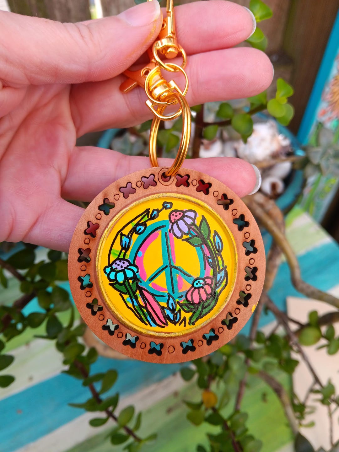 Peace Sign and Flowers - Hand-painted Keychain, 2 1/4