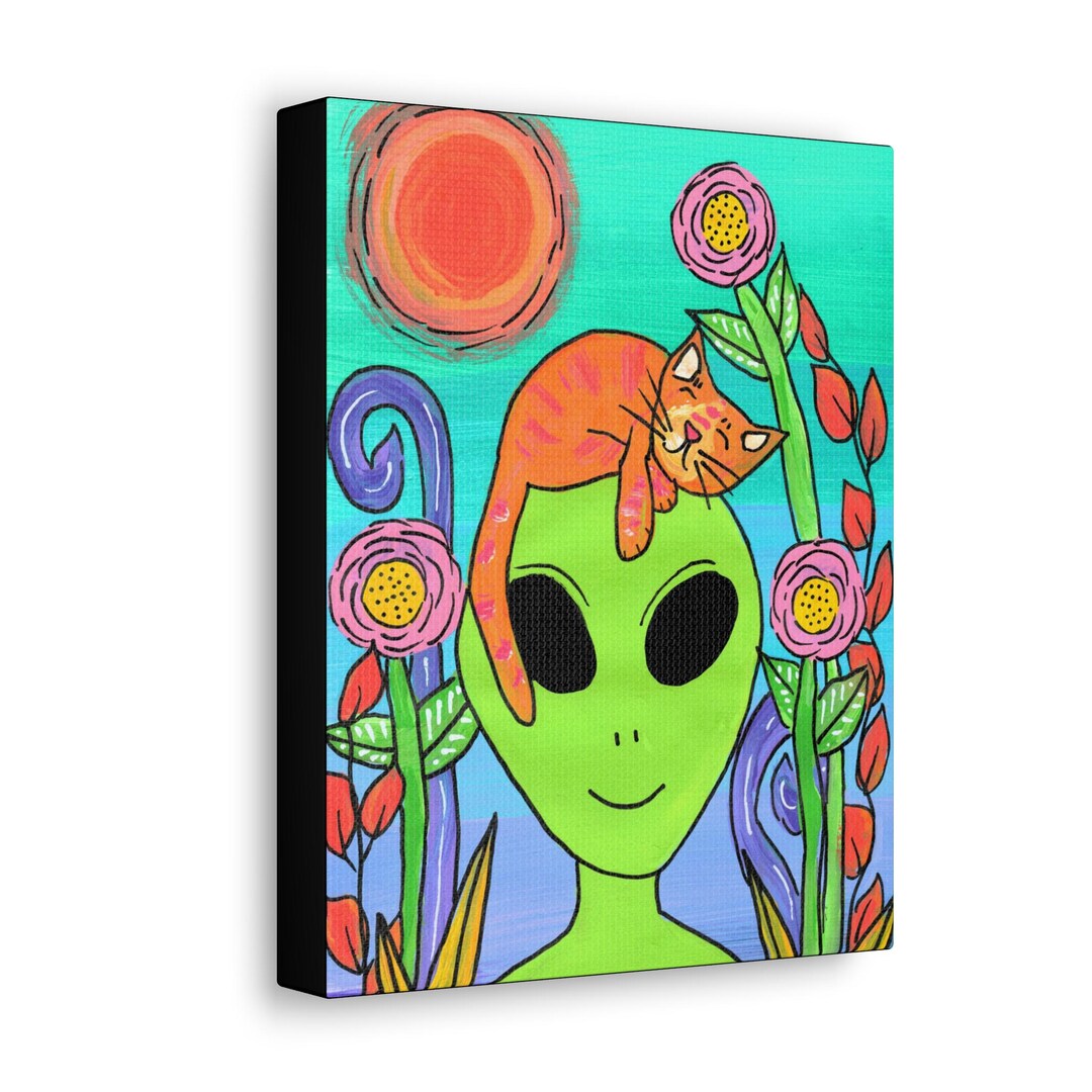 Green Alien With Ginger Kitty Cat on Its Head With Flowers - 10 X 8 ...