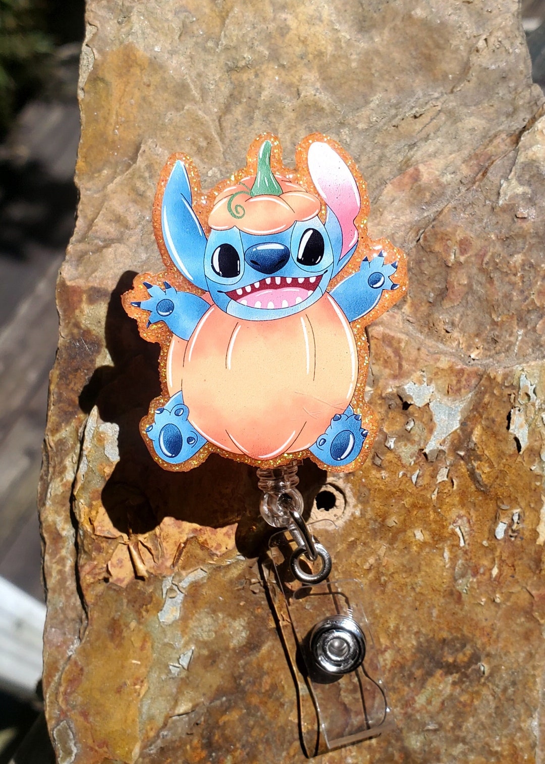 Stitch Pumpkin Halloween Badge Reel: Alligator Clip - Etsy