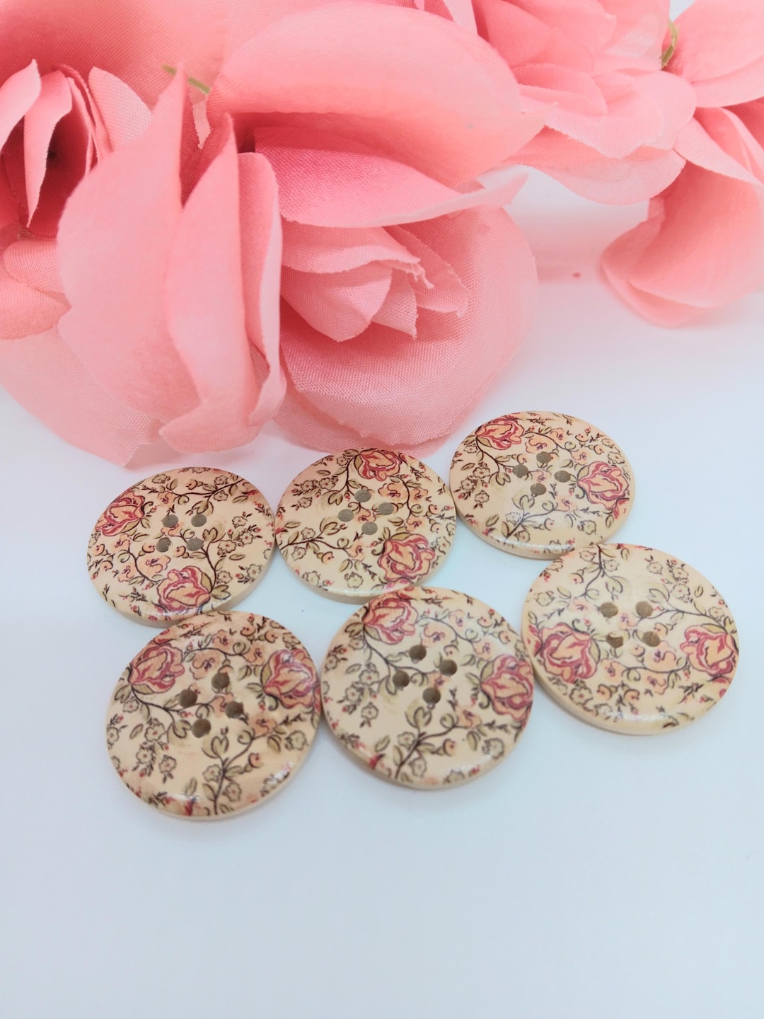 6 Pieces Floral Wooden Buttons 30mm, Vintage Decorative Round Buttons ...