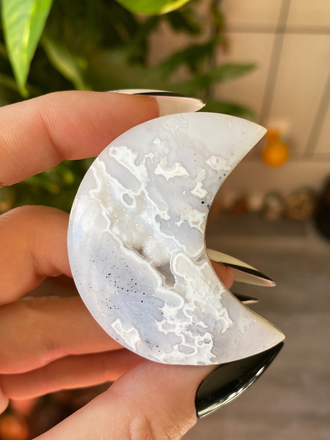 White Plume Agate Moon Crystal | Natural Druzy White Snow Agate Stone ...