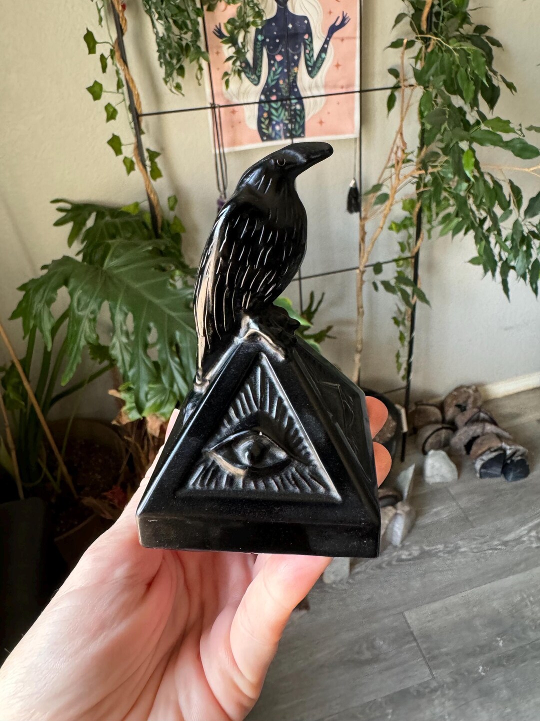 Black Obsidian Raven on Pyramid | Natural Stone Carved and Polished ...