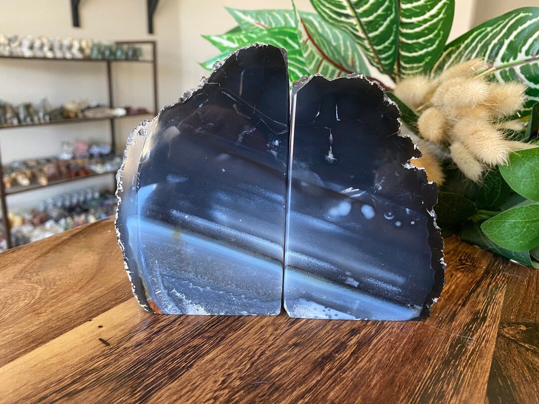 2.2lb 2 Piece Black Agate Geode Display | Gemstone Book Ends ...