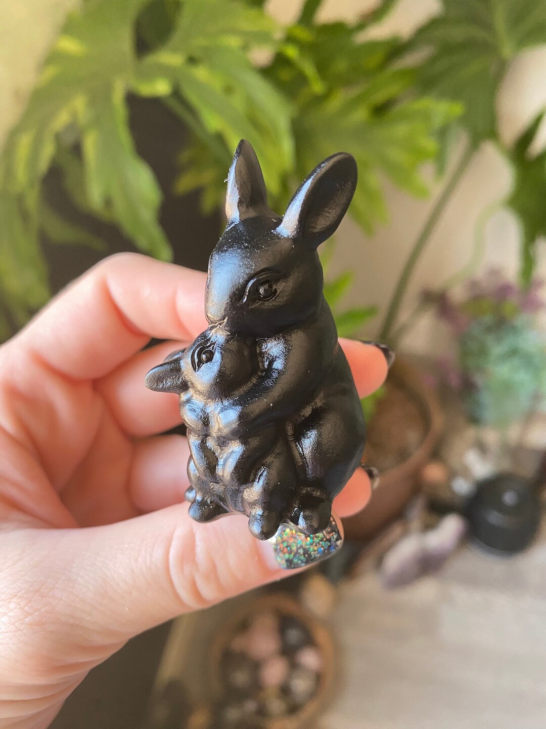 Black Obsidian Rabbit Crystal | Natural Stone Carved Mom & Baby Bunny ...