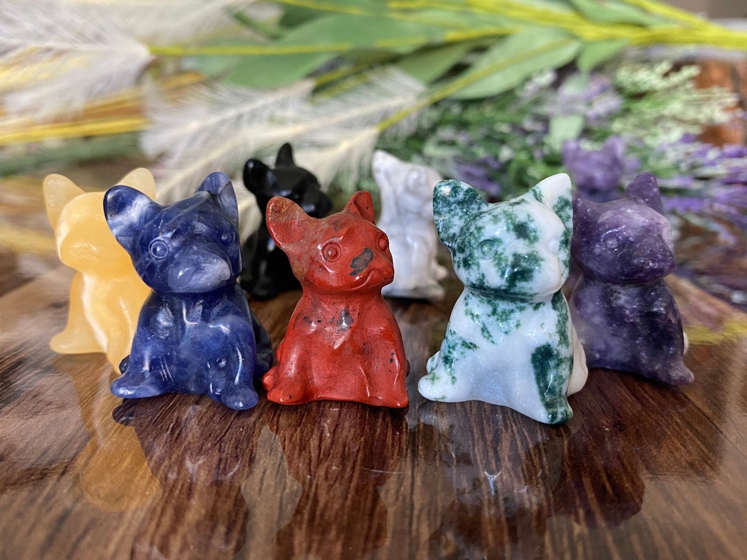Crystal Dog Assorted Small | Natural Stone Carved Canine French Bulldog ...
