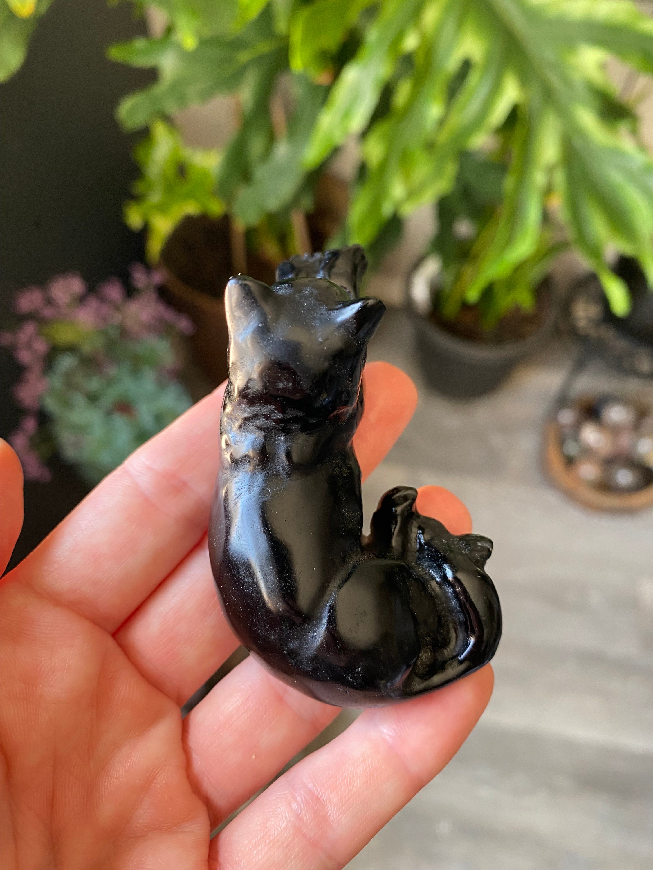 Black Obsidian Cat Crystal | Natural Stone Carved and Polished Laying ...