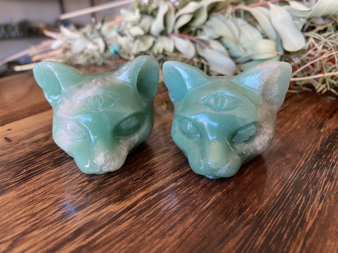 Green Aventurine Cat Crystal Carved and Polished Natural Stone Cat Head ...