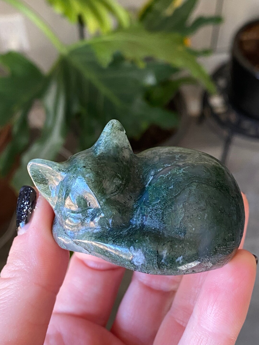 Moss Agate Sleeping Cat Crystal | Moss Agate Natural Stone Sleepy Kitty ...