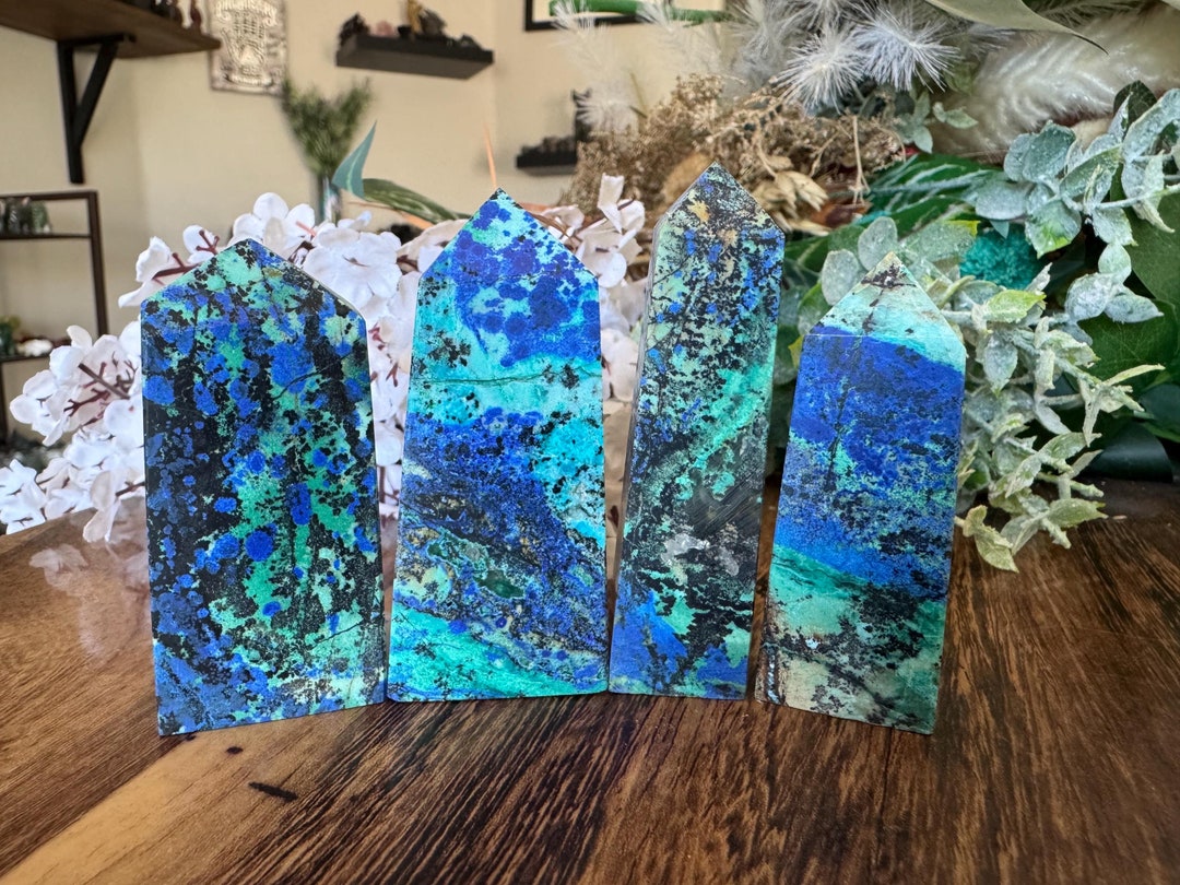 Azurite & Malachite Crystal Tower Point | Natural Stone Carved and ...