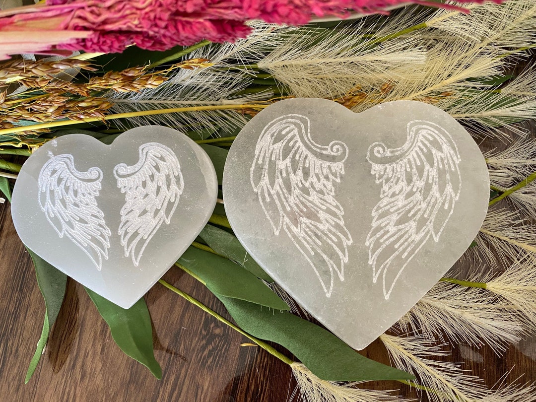 Selenite Heart Winged Charging Plate | Natural Selenite Stone Etched ...