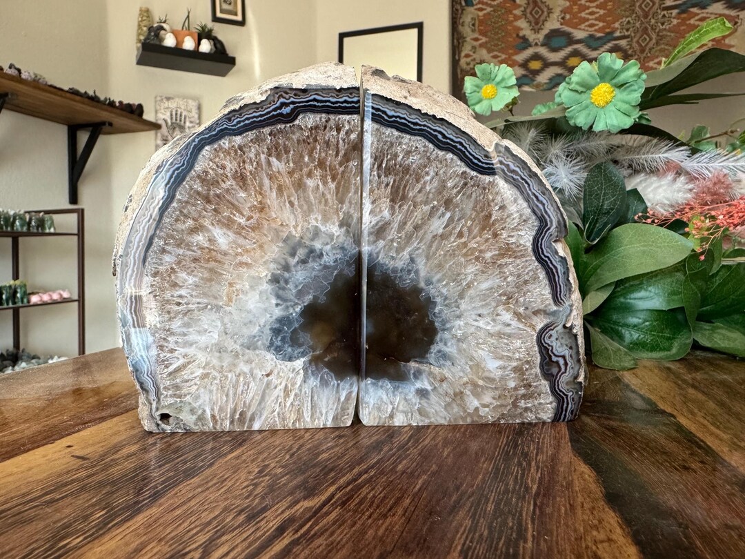 4lb 2 Piece Black Agate Geode Display Gemstone Book Ends Metaphysical ...