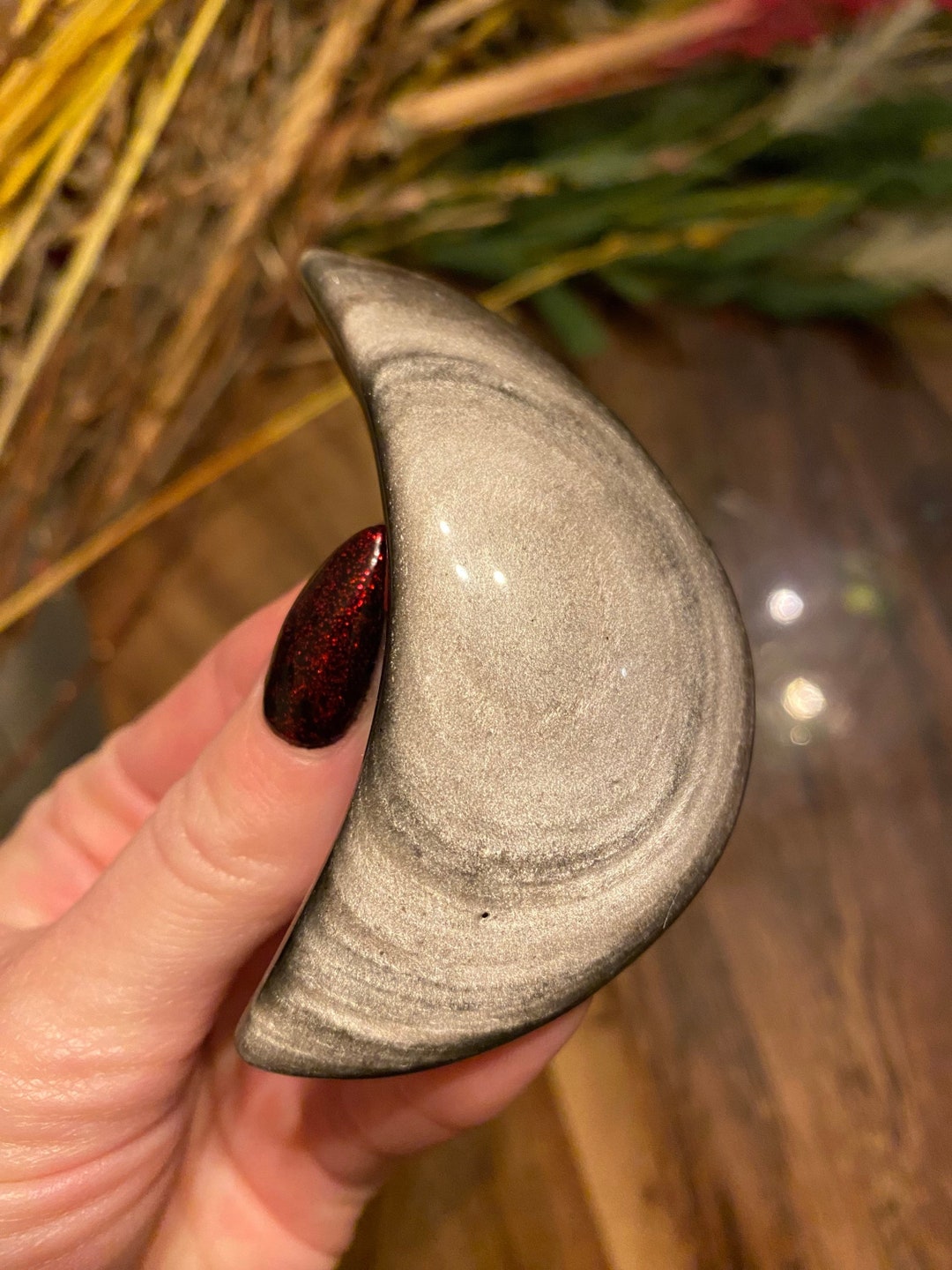 Black Obsidian Silver Sheen Moon | Natural Crystal Carving ...