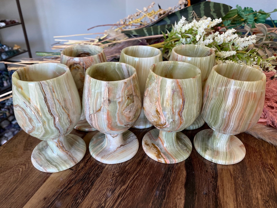Green Onyx Crystal Wine Glass | Natural Banded Stone Carved & Polished ...
