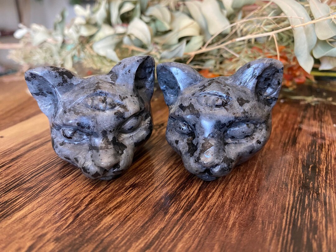 Larvikite Cat Crystal | Natural Stone Carved and Polished Cat Head With ...