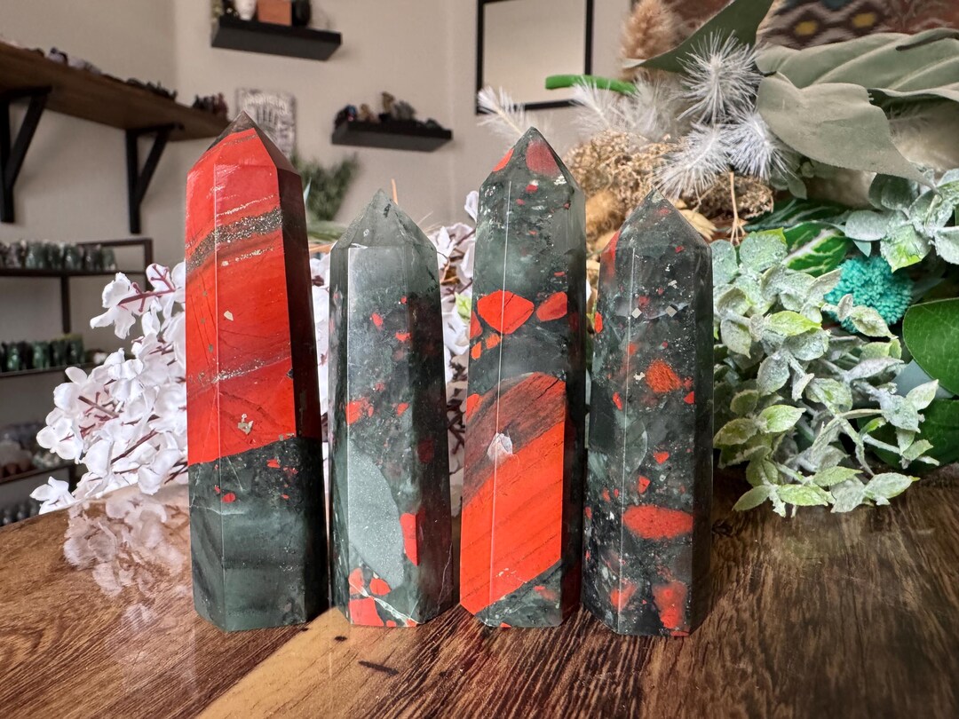 Bloodstone Tower Natural Stone Carved Point Crystal Generator ...