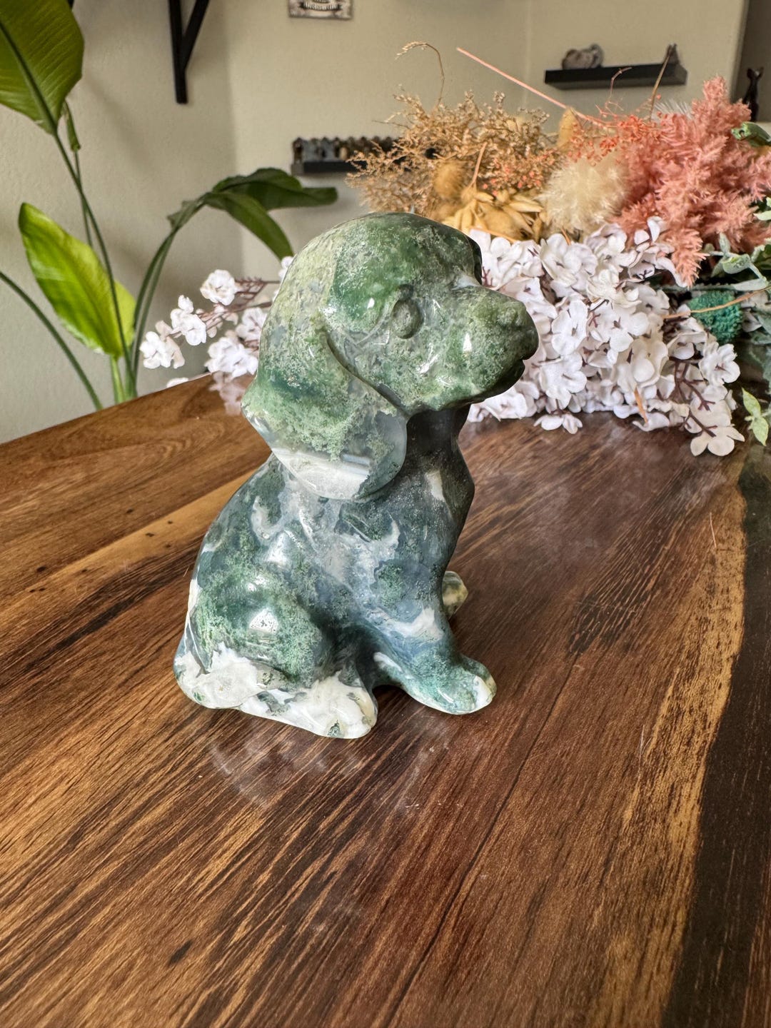 Moss Agate Dog Crystal | Natural Stone Carved & Polished Hound Beagle ...